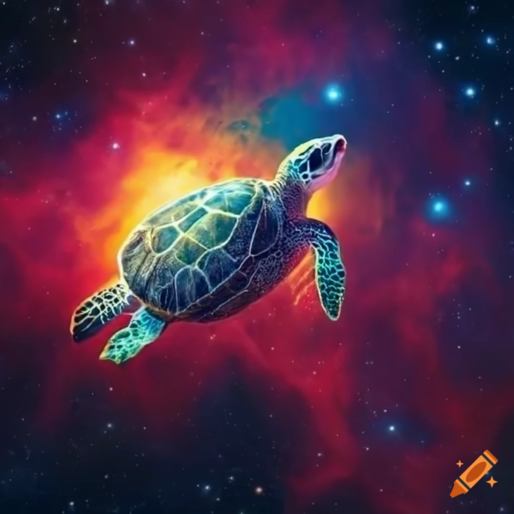 Sea turtles floating in a colorful space nebula on Craiyon