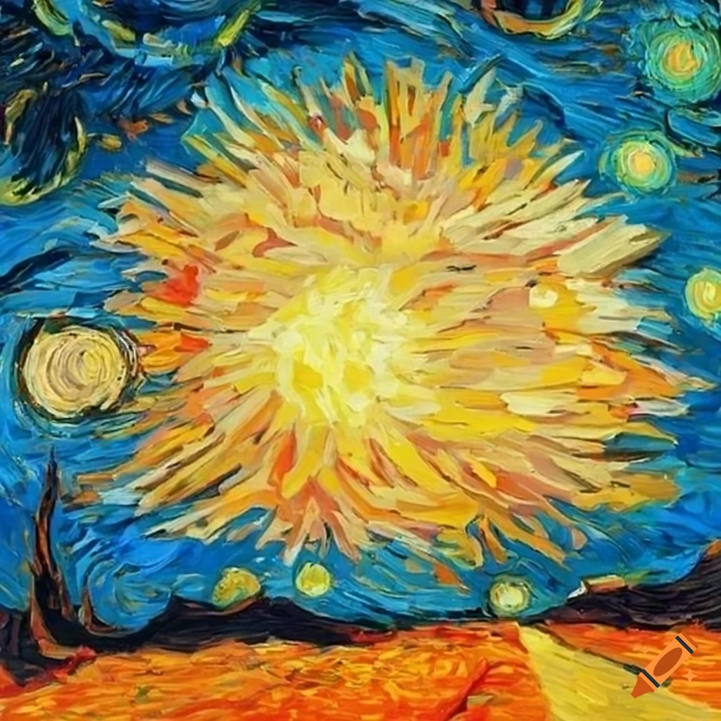 Stylized painting of a blazing sun in the sky in the style of van gogh ...