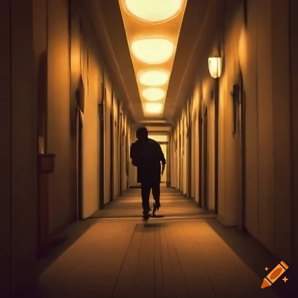 Man running hysterically in a hotel corridor on Craiyon