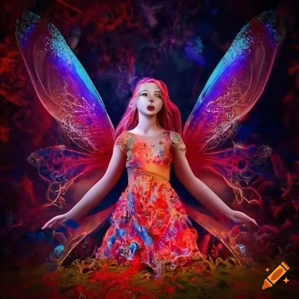 Whimsical fairy with contrasting red and blue energy aura on Craiyon