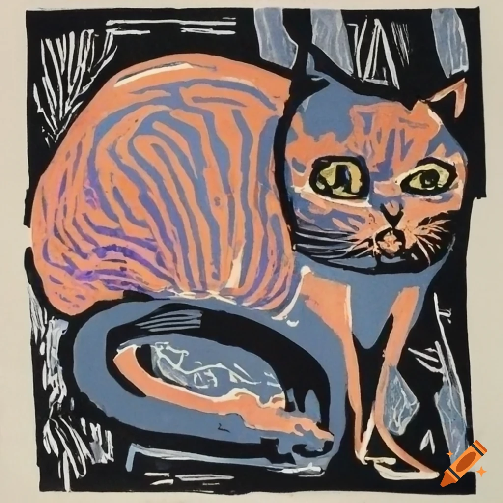 Cat in pastel lino print inspired by pierre bonnard, sin city comic ...