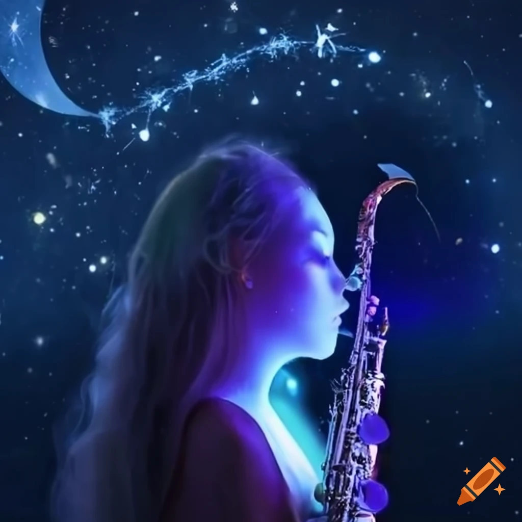 Ethereal woman with a glowing third eye playing jazz saxophone under ...