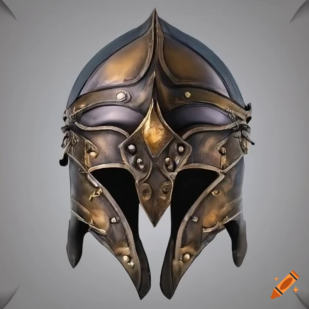 Front view of a detailed mythic fantasy open helmet in medieval style ...
