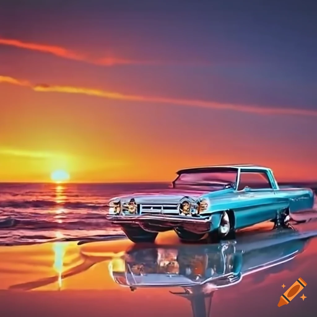 1964 chevy impala parked at the beach during sunset on Craiyon