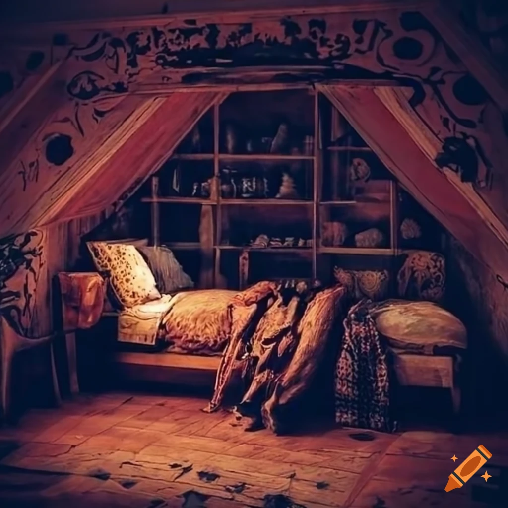 Spooky and cozy attic bedroom with vintage furniture and tattered ...