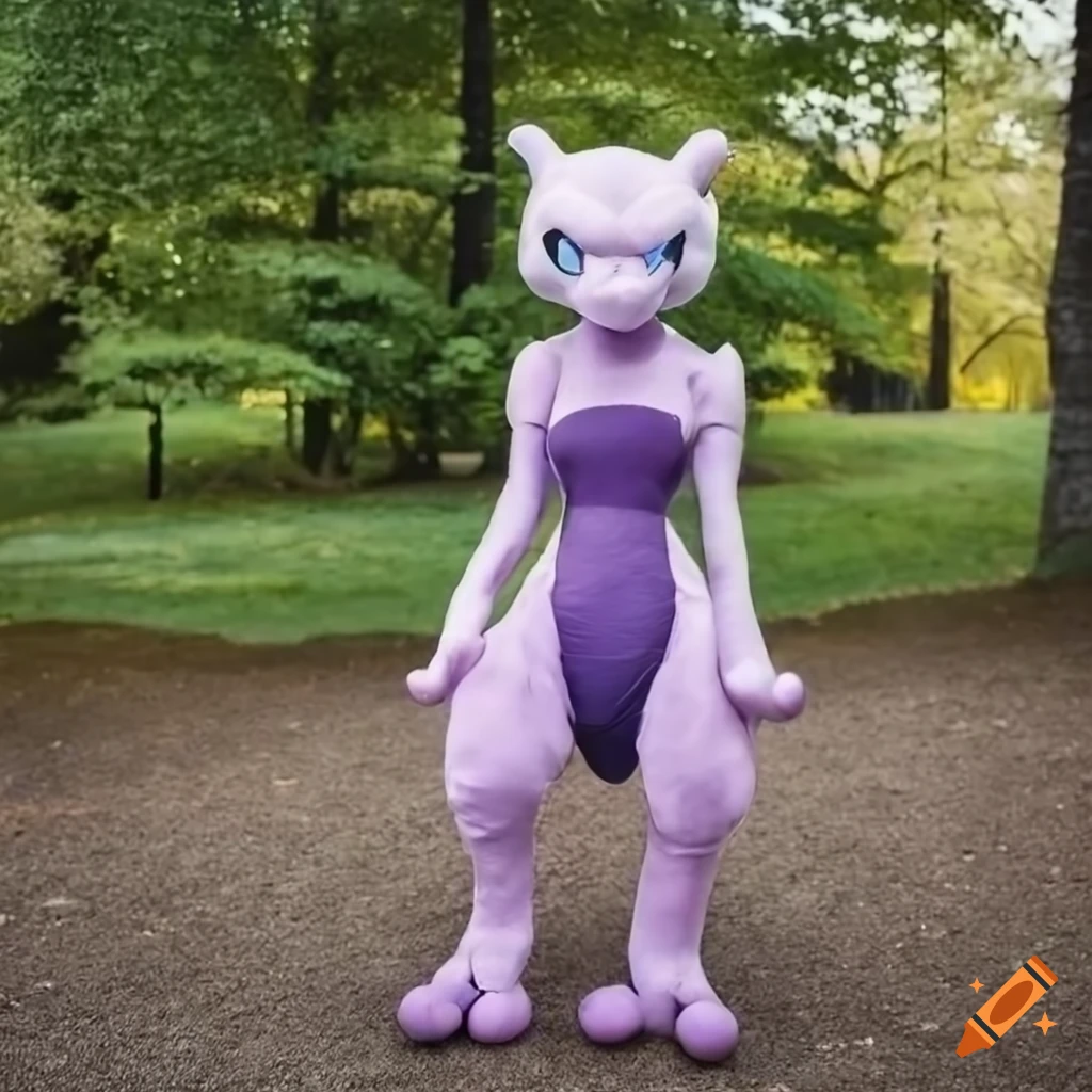 Detail of person wearing mewtwo fursuit costume at park on Craiyon