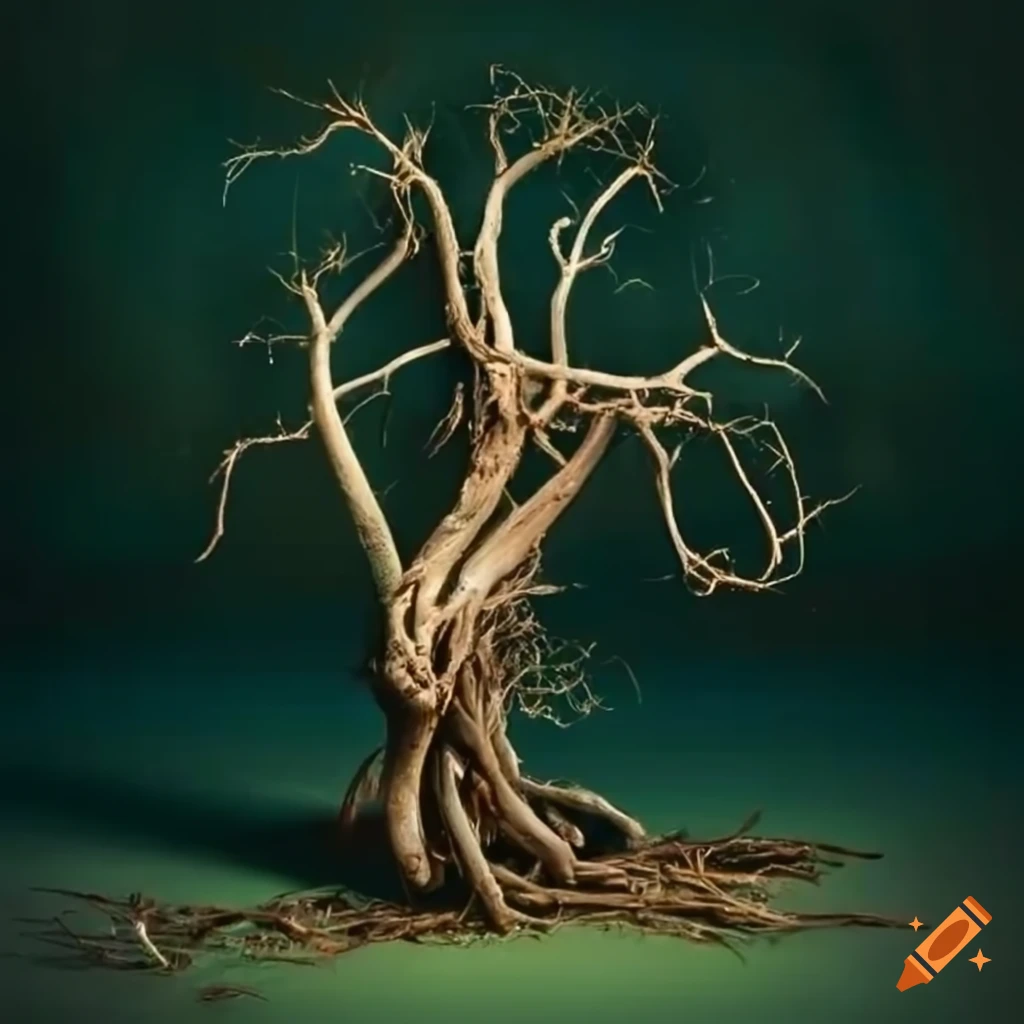 Gnarled bush root in dark forest setting on Craiyon