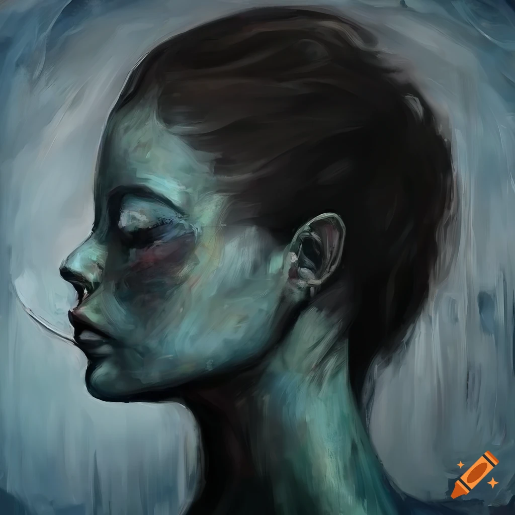 Abstract oil painting of a captivating pale creature with dark eyes and ...