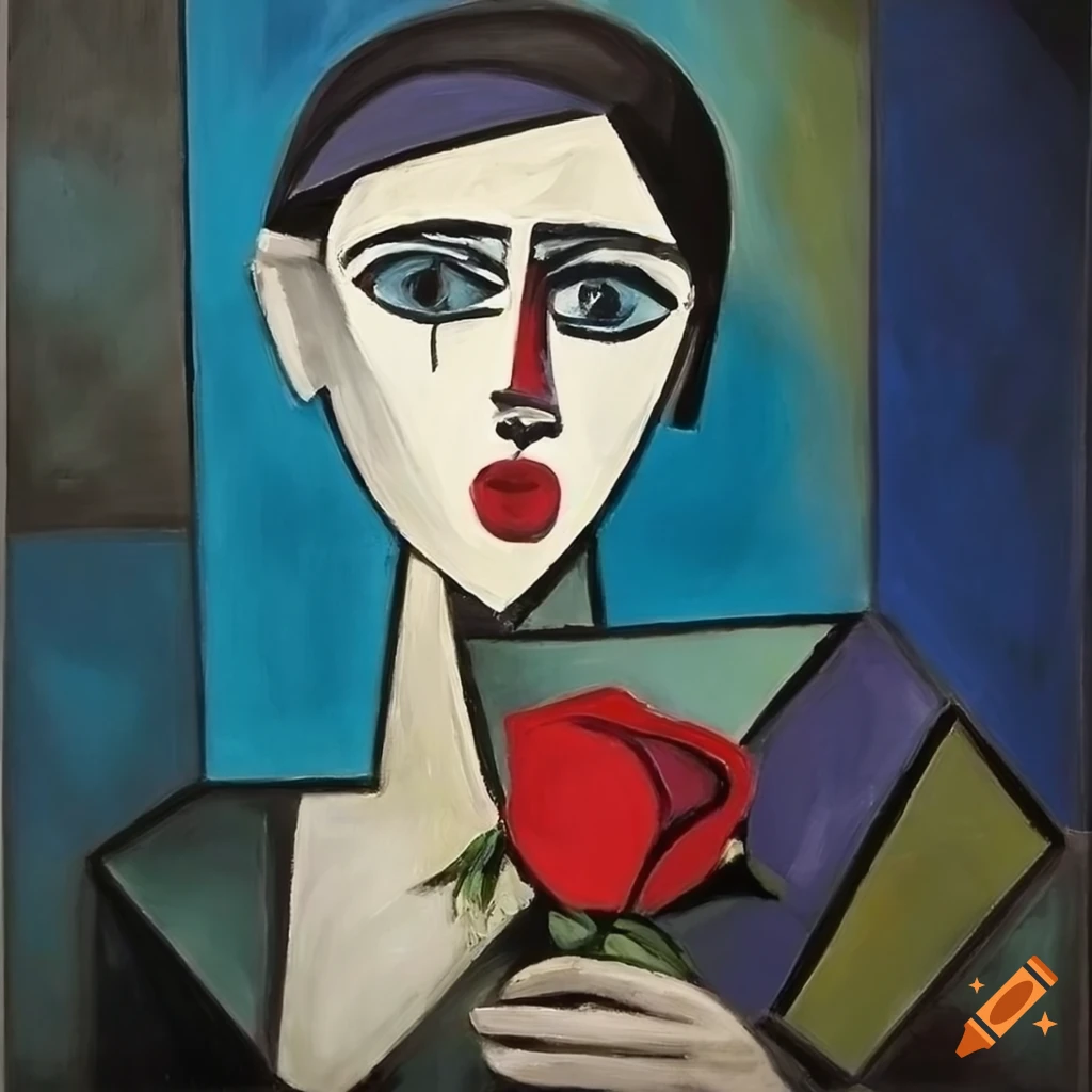 Lady holding a rose in a cubist style painting by picasso on Craiyon