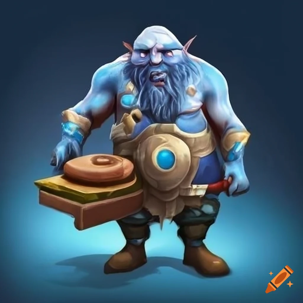 Blue dwarf with stony skin holding a wheel of cheese on Craiyon
