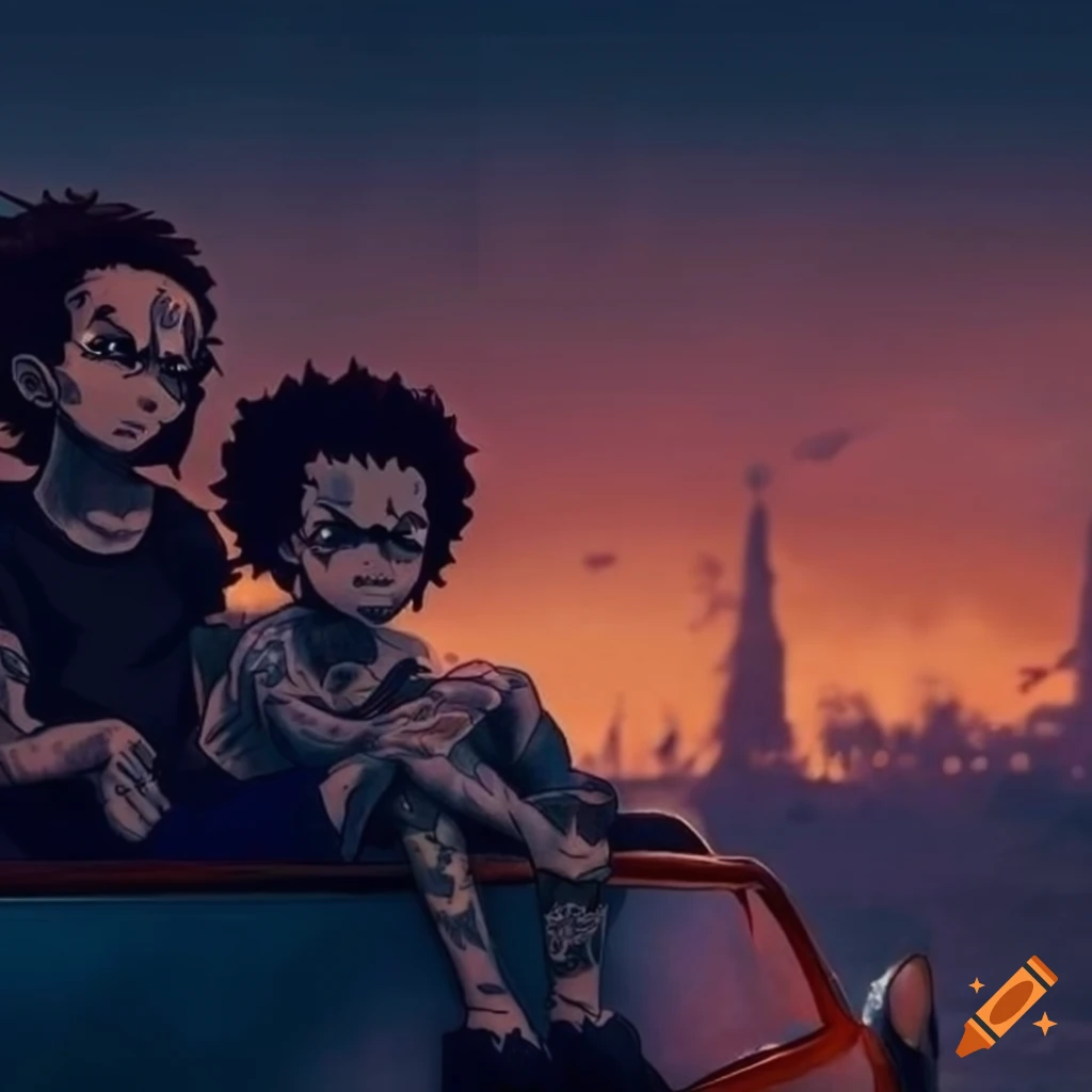 Boy with tattoos sitting on car hood in boondocks style scenery on Craiyon