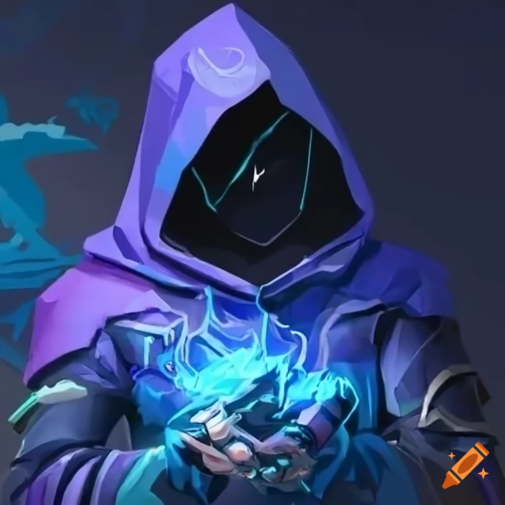 Omen character with custom blue phantom gun in valorant on Craiyon