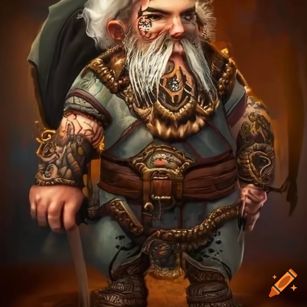Dwarven craftsman with intricate clothing, tattoos, and crazy hair on ...