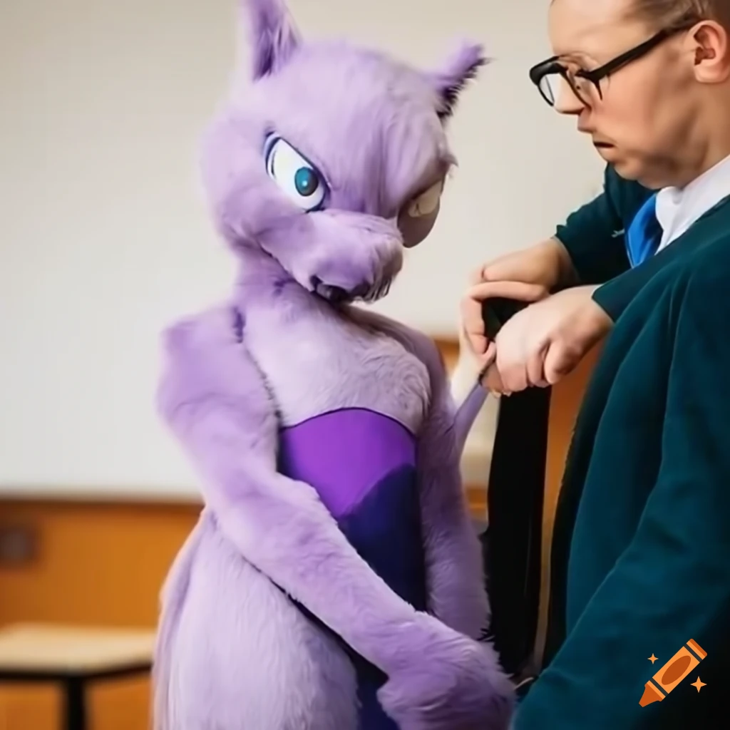 Male teacher wearing mewtwo fursuit mascot costume at school on Craiyon