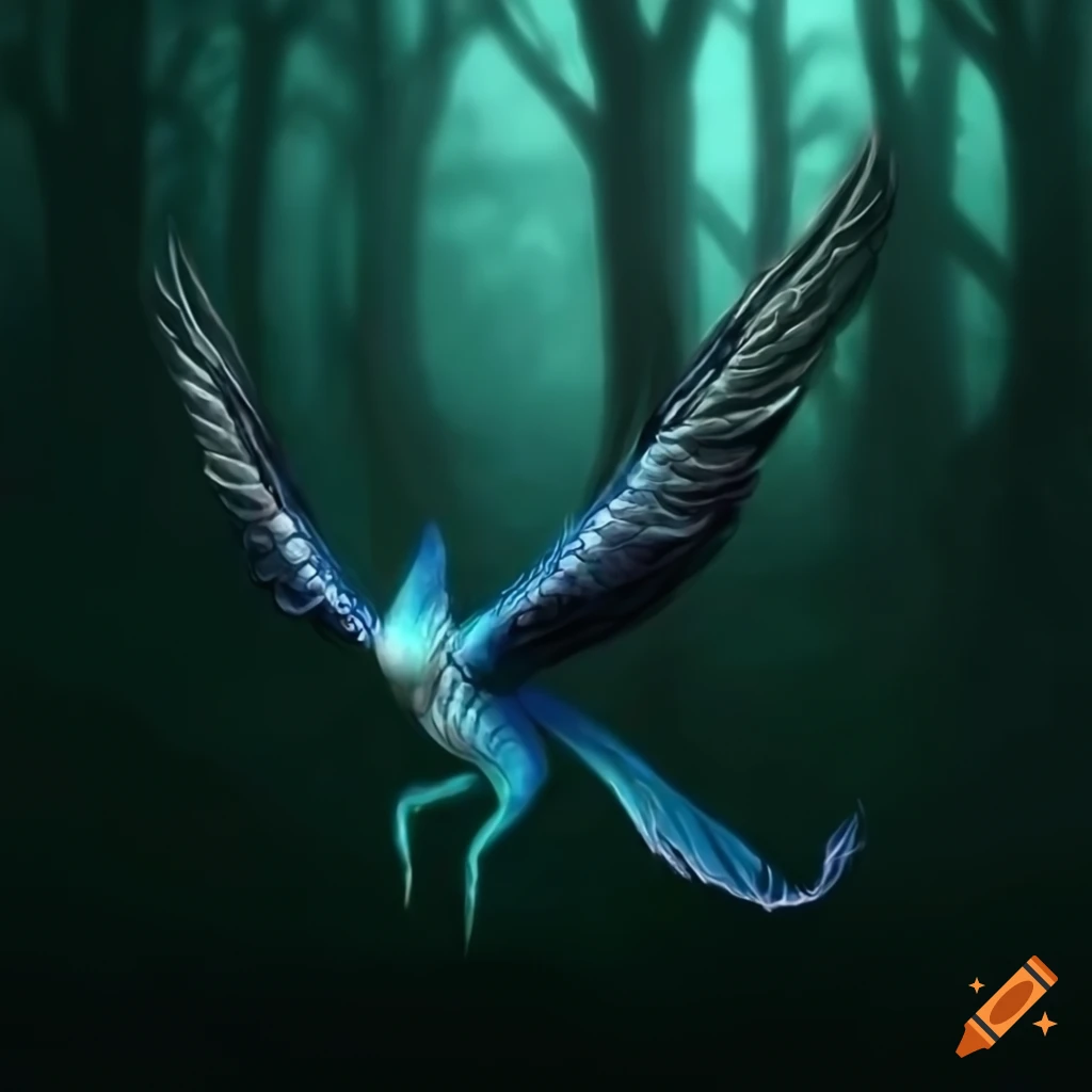 Winged creature with blue skin flying in a magical forest on Craiyon