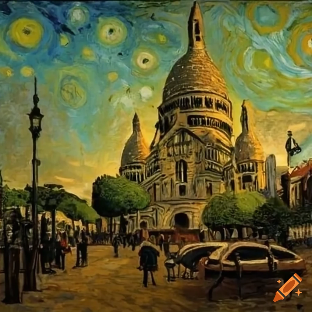 Montmartre in the style of Van Gogh with the word 'Karlix' on Craiyon