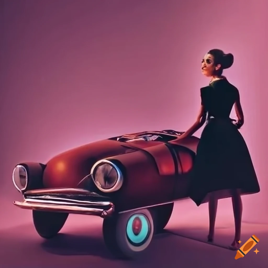 Audrey hepburn in a retro futuristic homemade car on Craiyon