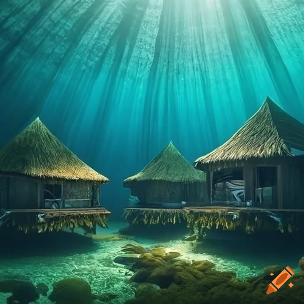 Underwater community of intricately designed tiki huts lit by sunbeams ...
