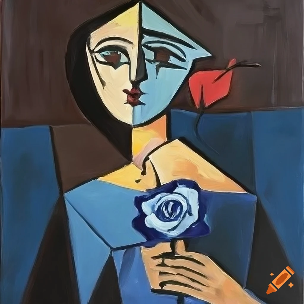 Lady holding a rose in a cubist style painting by picasso on Craiyon