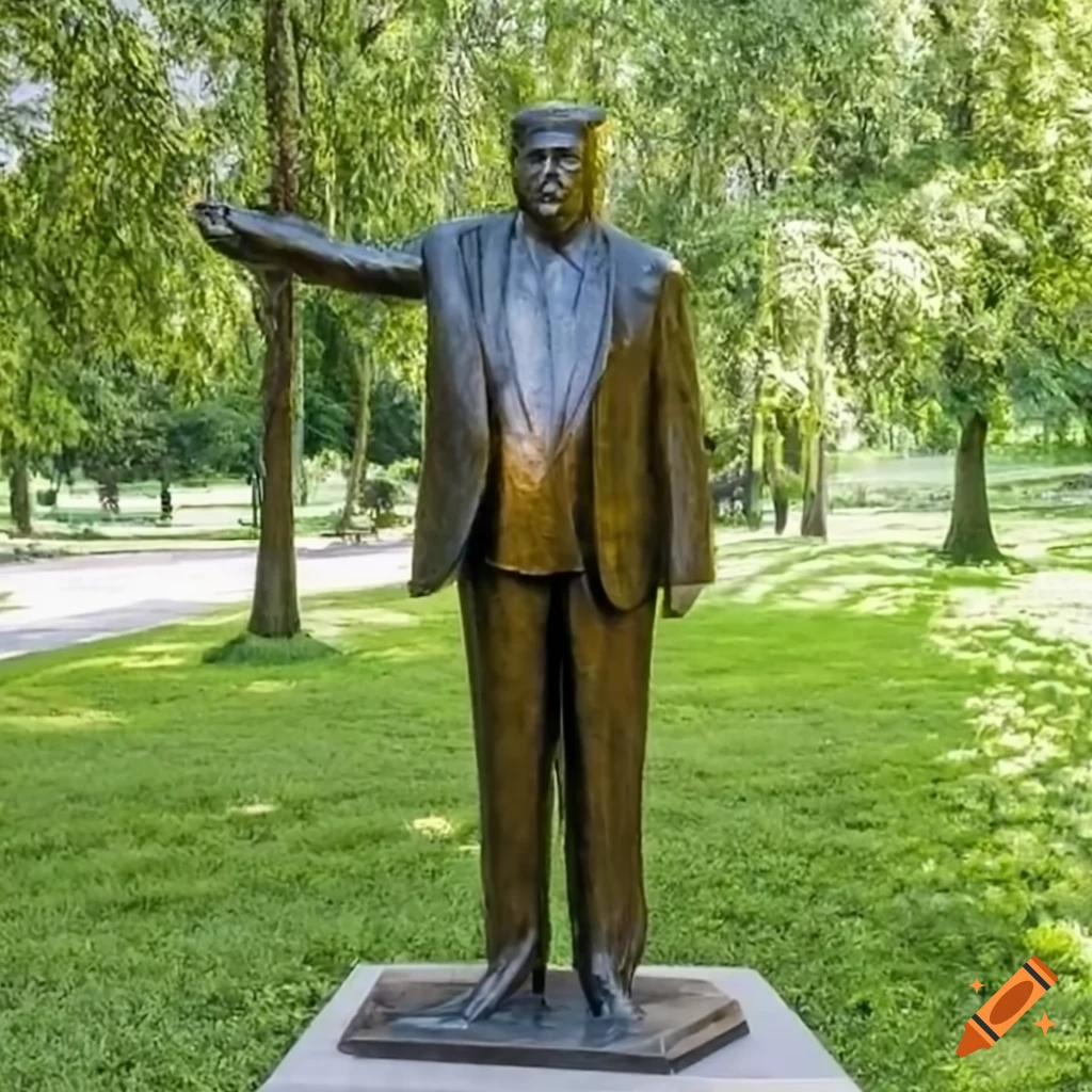 Bronze statue of a full-body trump against a backdrop of trees on Craiyon