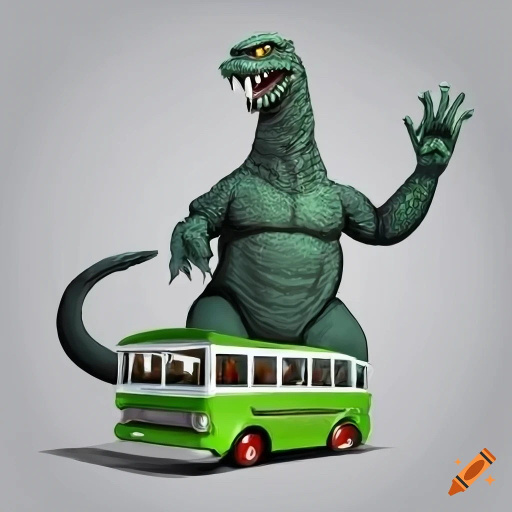 Caricature of godzilla lifting and throwing a green bus on Craiyon