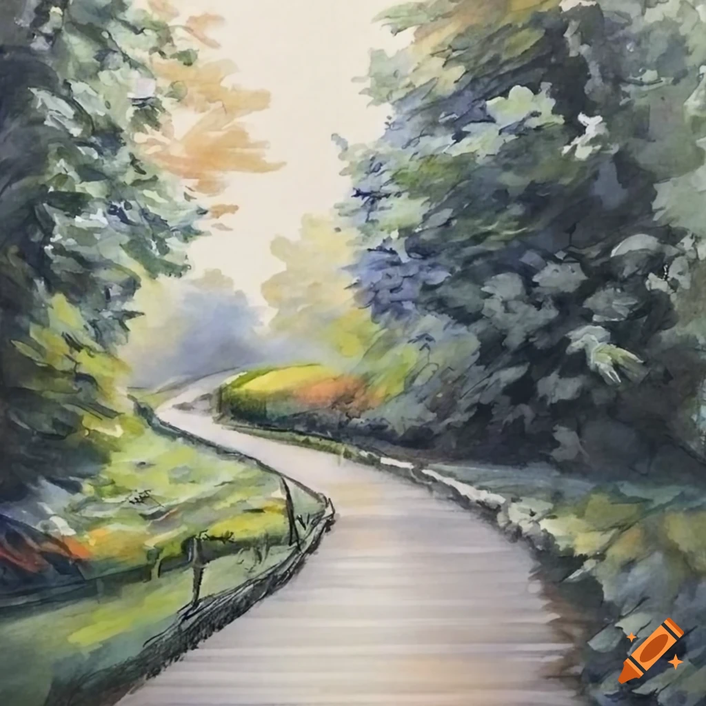 Detailed pencil drawing of winding pathway through park on Craiyon