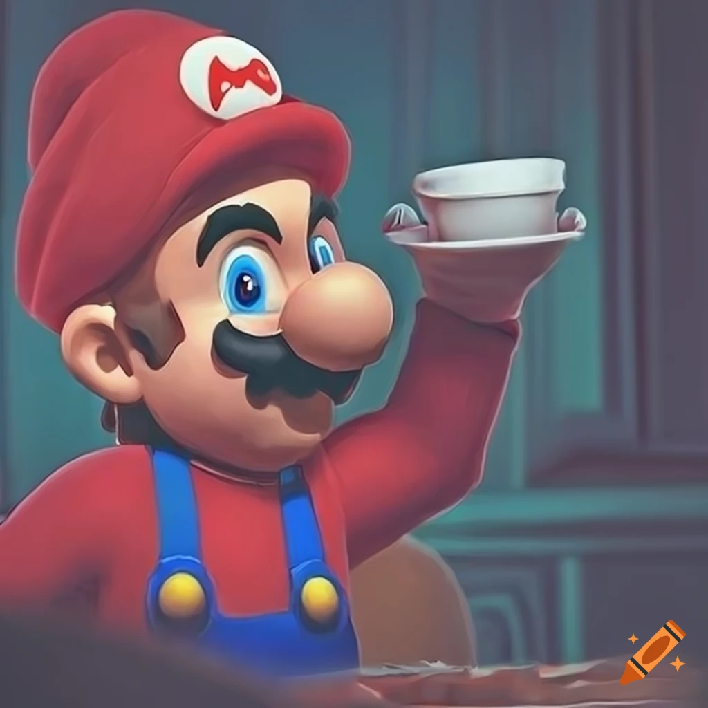 Fantasy artwork of mario enjoying coffee in a beanie on Craiyon