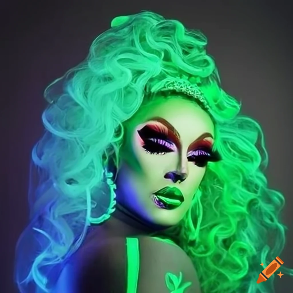 Vibrant neon green led drag queen at a rave on Craiyon