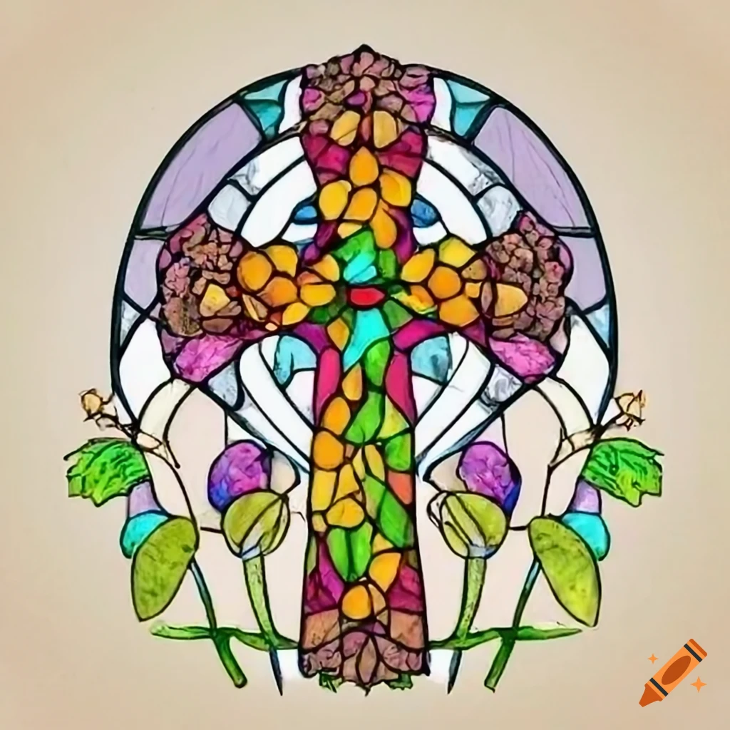 Stained glass Easter cross with flowers on Craiyon