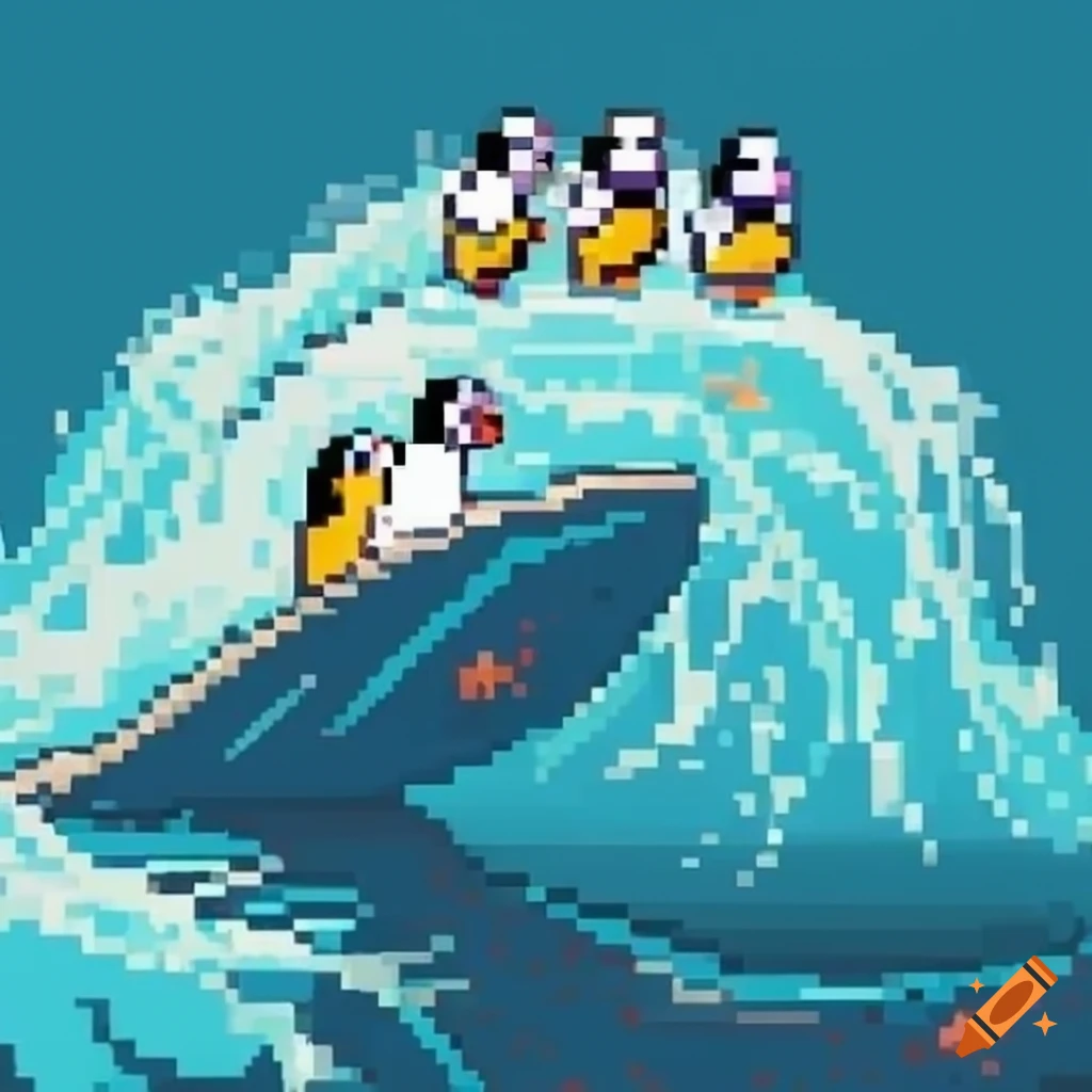 Joyful group of penguins surfing in 8-bit art on Craiyon