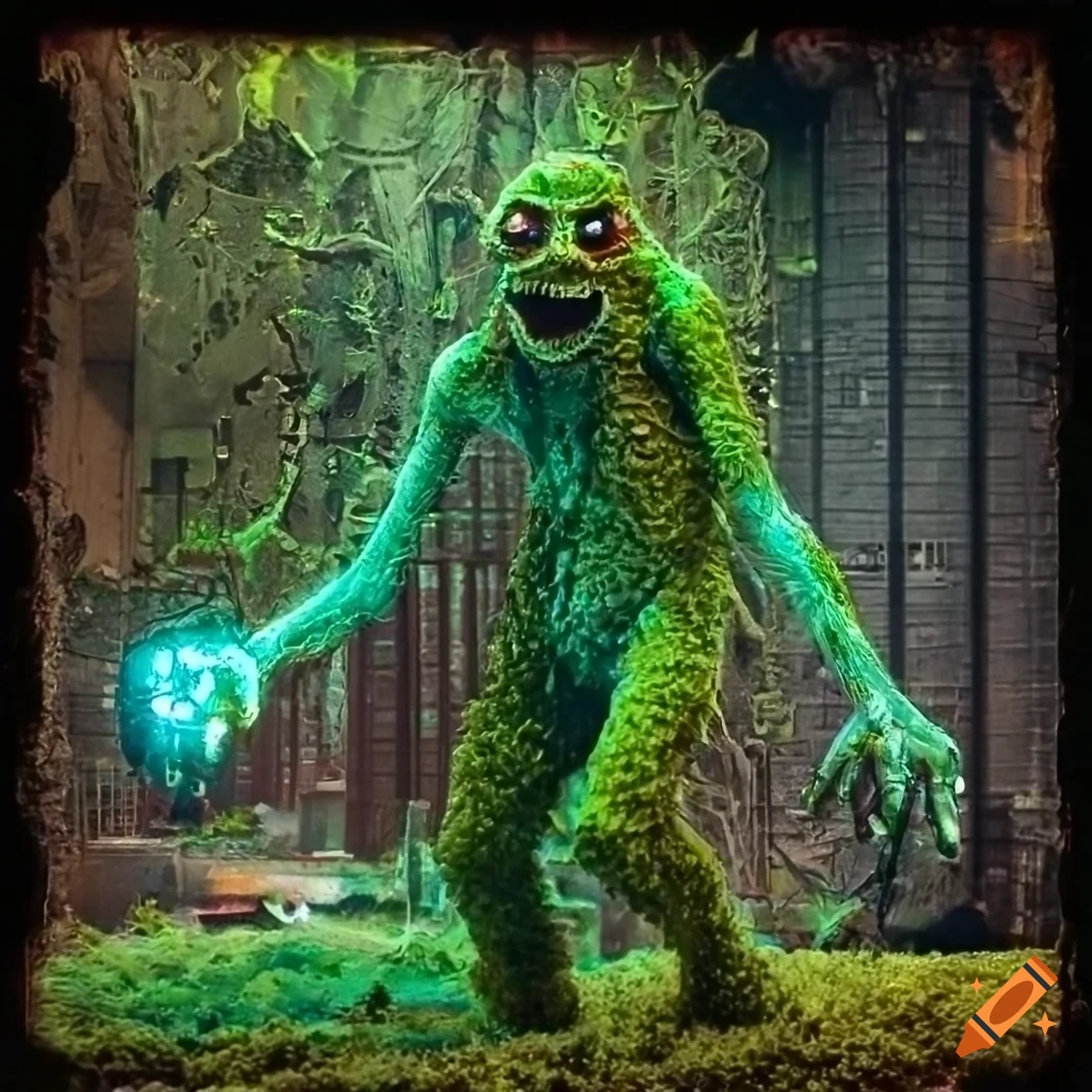 Glowing biopunk cityscape with green moss, plants, mushrooms, and ... Glowing biopunk cityscape with green moss, plants, mushrooms, and ...