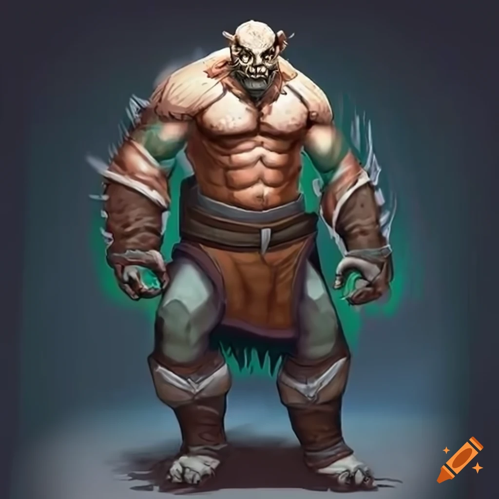 Towering 7 feet tall muscular half-orc with prominent tusks and rugged ...