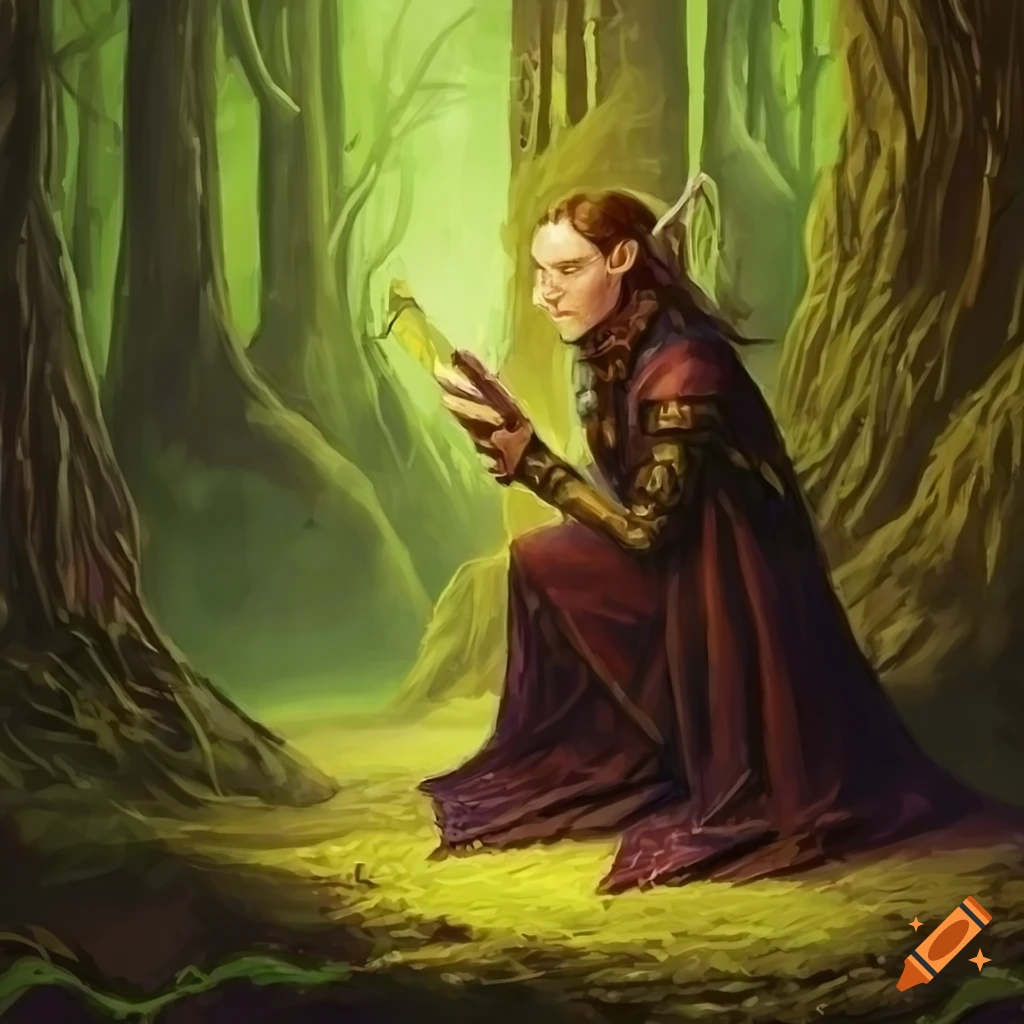 Elf wizard in a magical forest cave in MTG art style, inspired by Hans ...