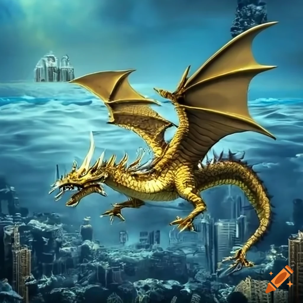 Gold dragon flying over an underwater city representing Atlantis on Craiyon