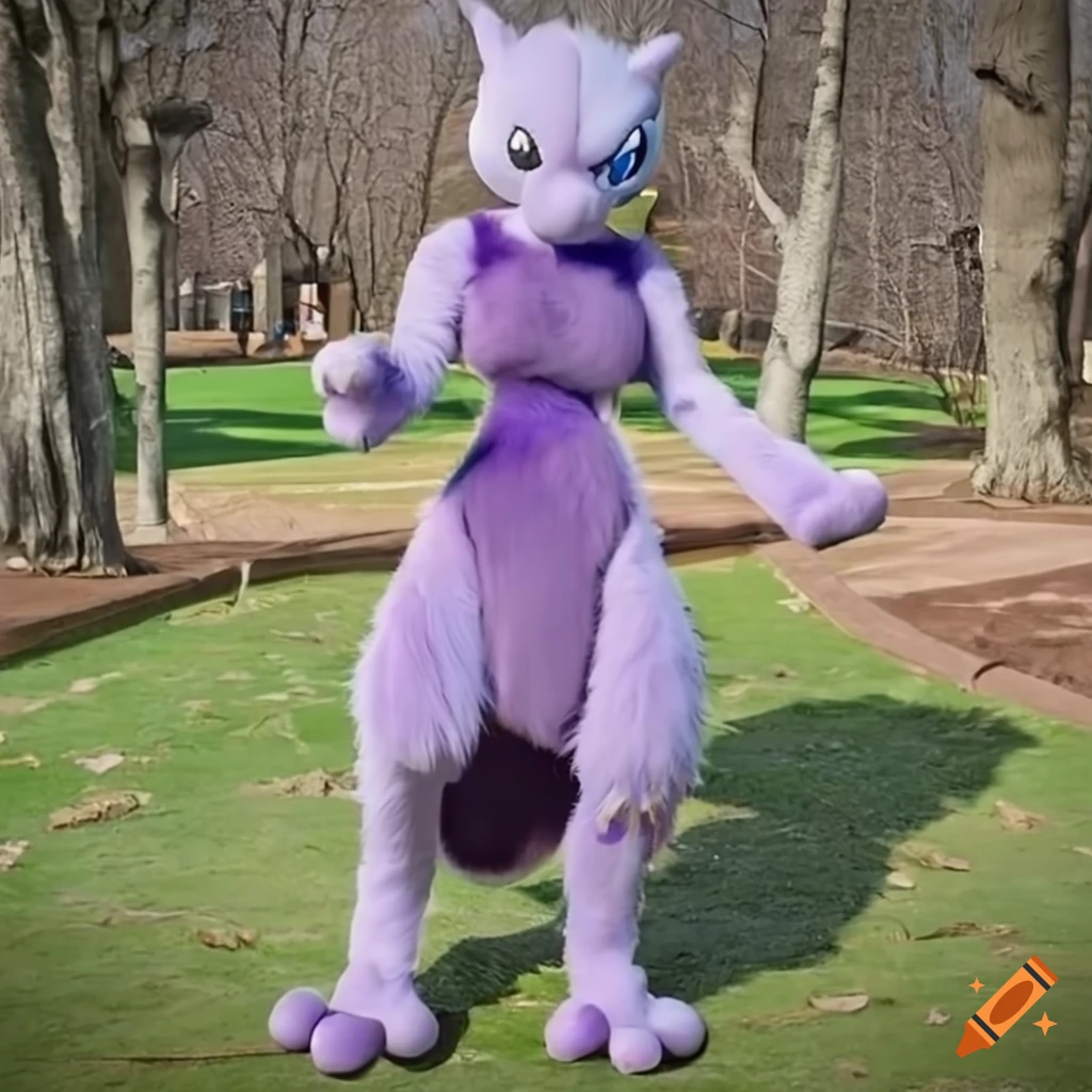 Detail of person wearing mewtwo fursuit costume at park on Craiyon