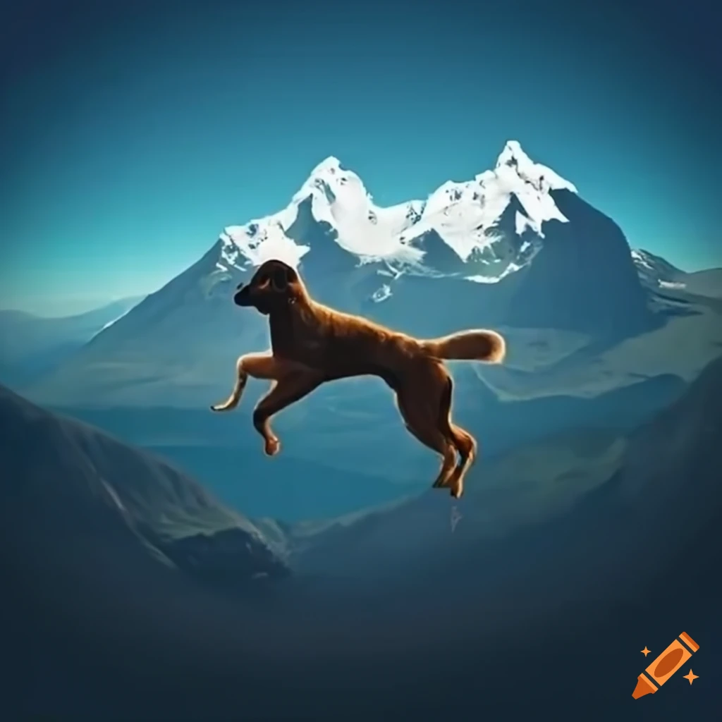 Flying dog with a breathtaking mountain panorama on Craiyon