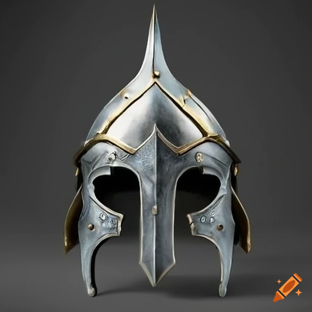 Front view of a detailed mythic fantasy open helmet in medieval style ...