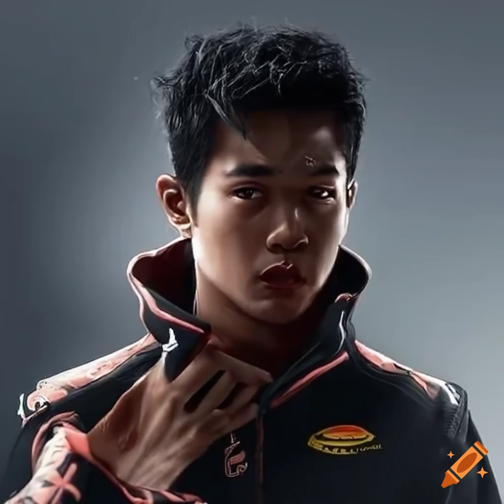 Filipino male F1 driver posing for the camera in action on Craiyon