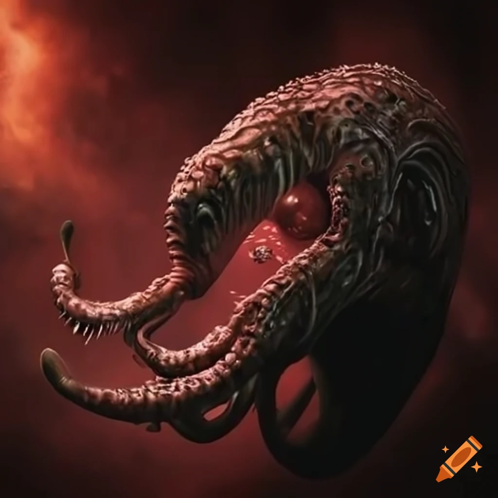 Lovecraftian colossal monster with metal parts orbiting a planet on Craiyon