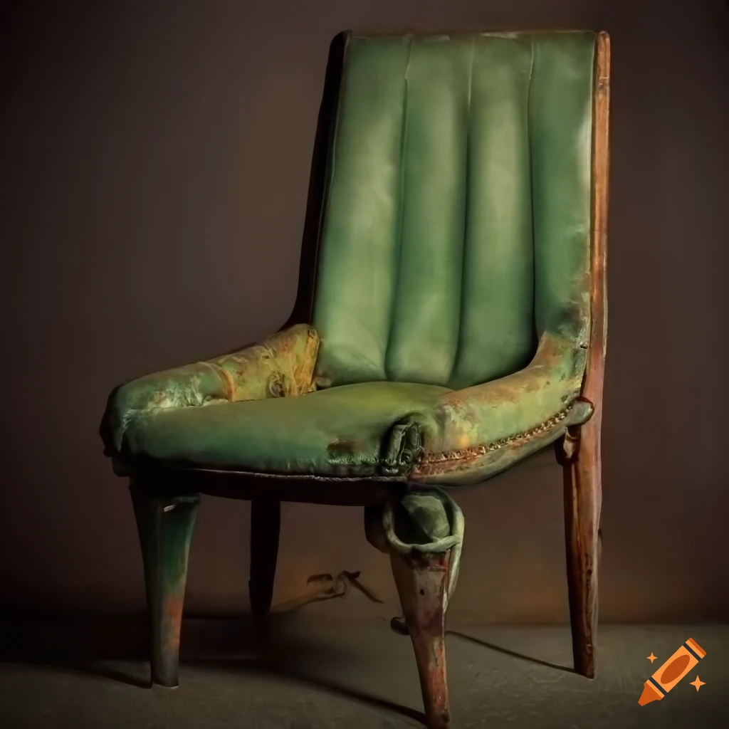 Abandoned worn leather chair with stuffing spilling out under foggy ...