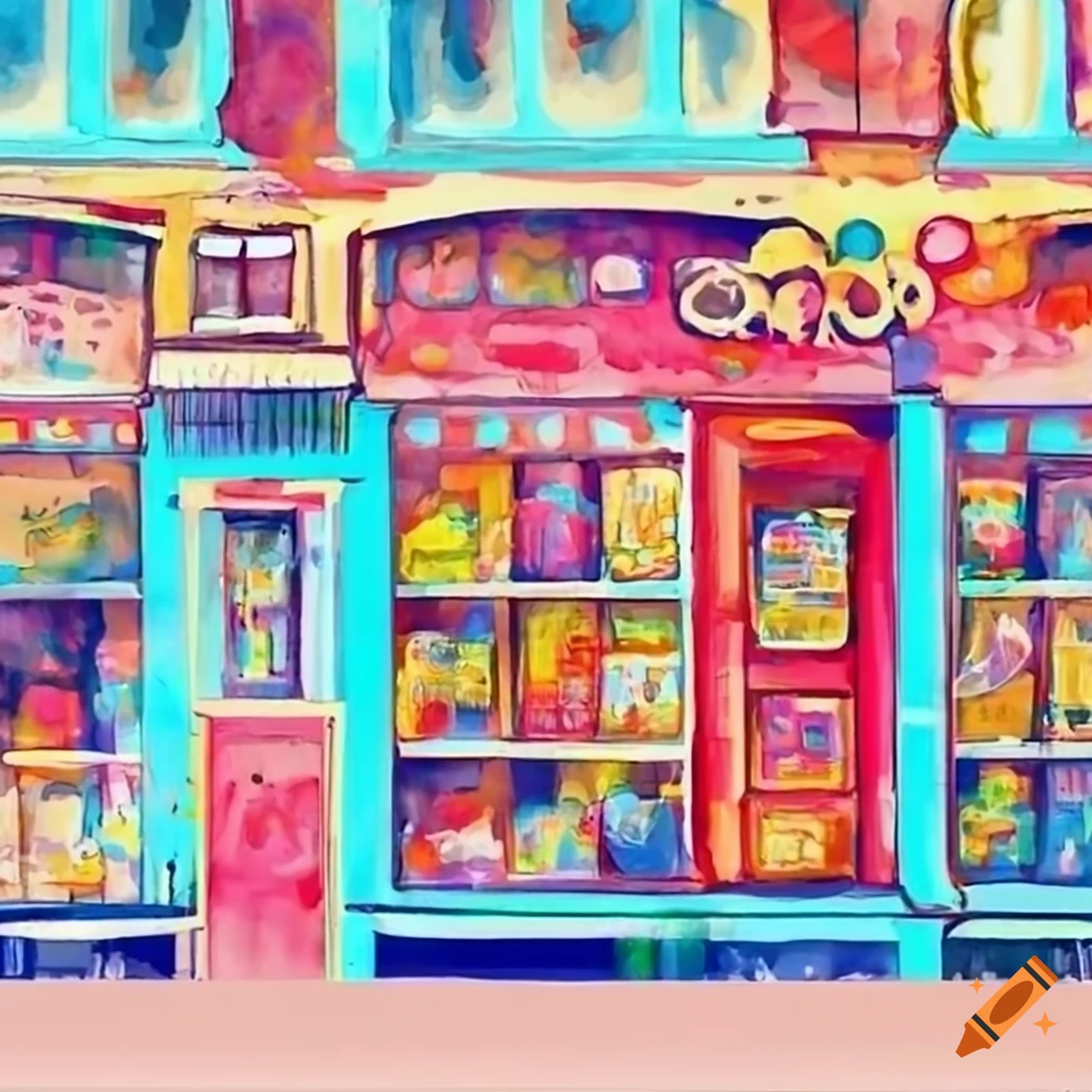 Vibrant watercolor painting of toy store window displays on Craiyon