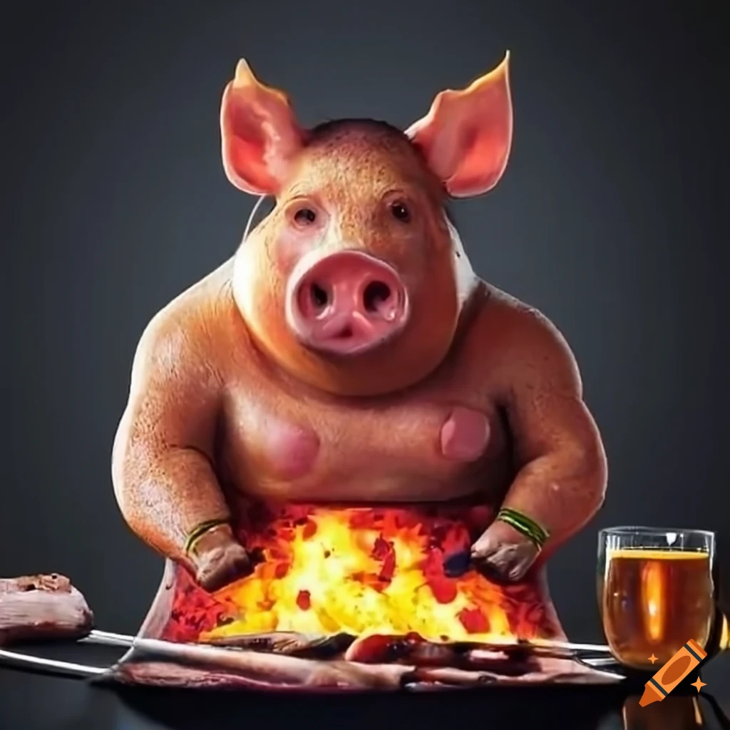 Pig grilling bbq and enjoying a beer on Craiyon