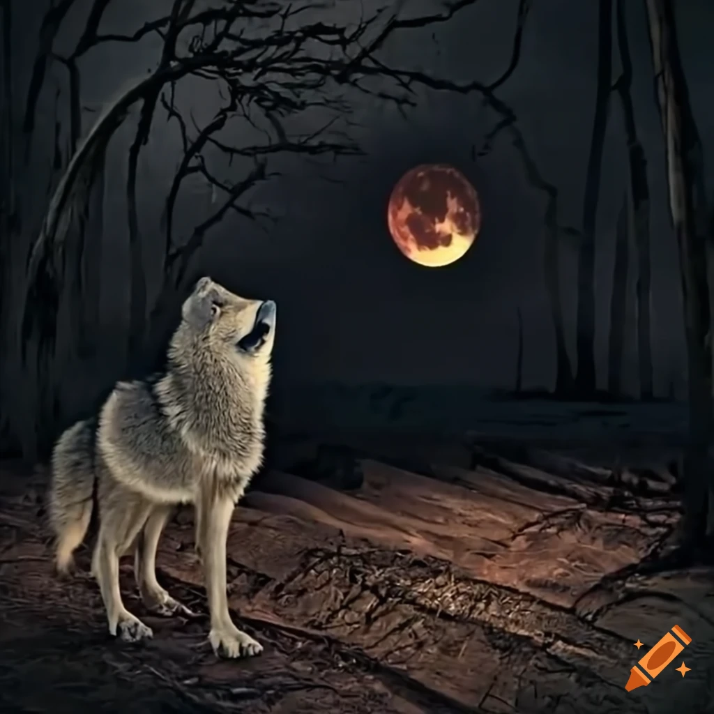 Howling silvery wolves in a spooky wood clearing by a lake shore under ...