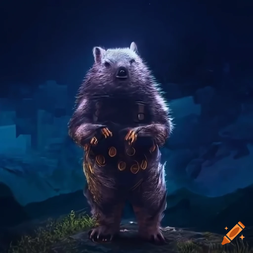 Futuristic wombat in tech attire collecting digital coins on a mountain ...