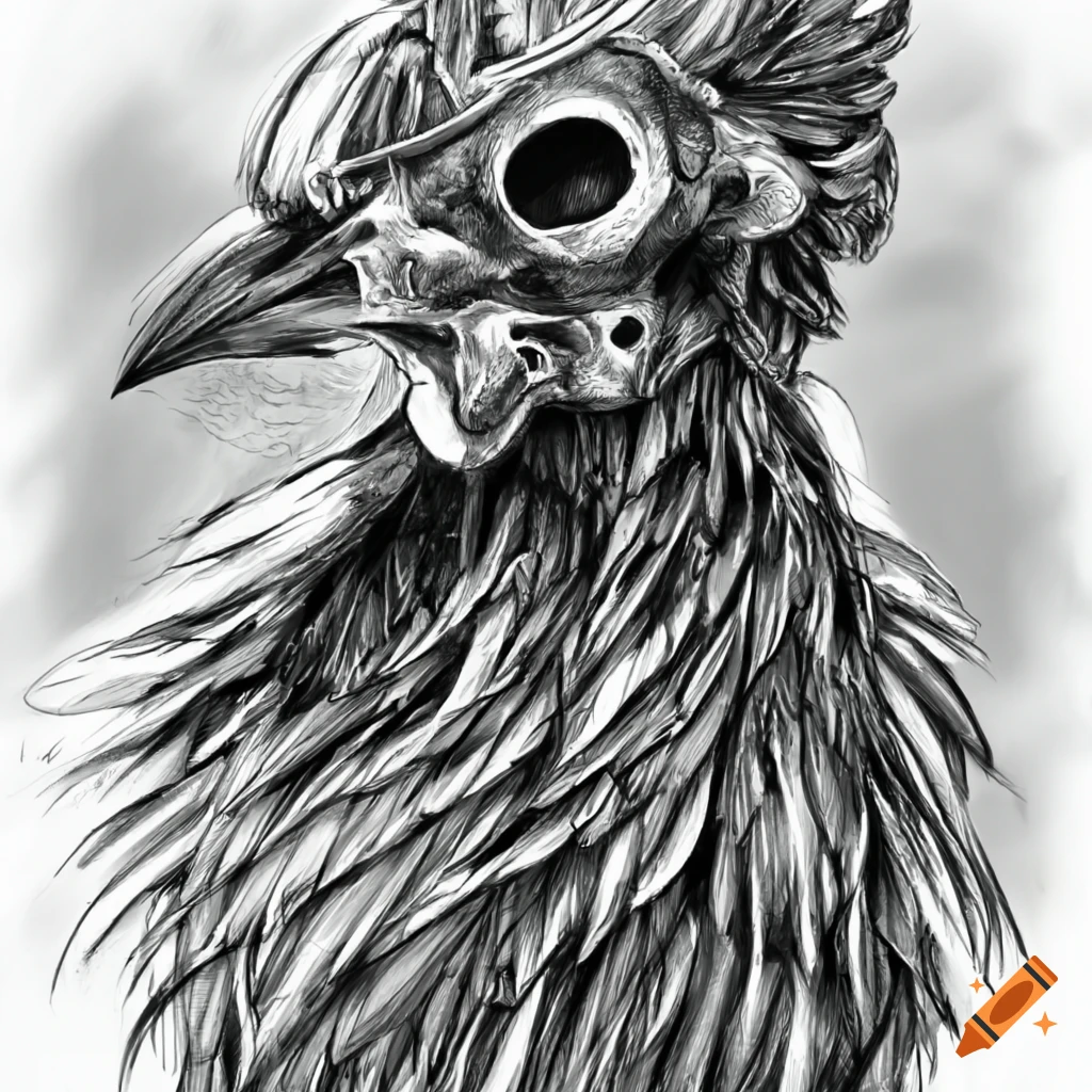 Chicken wearing a skull mask in a detailed drawing on Craiyon