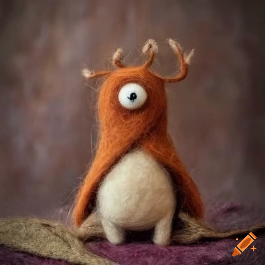 Felted wool creatures with stylish clothing on textured background on ...