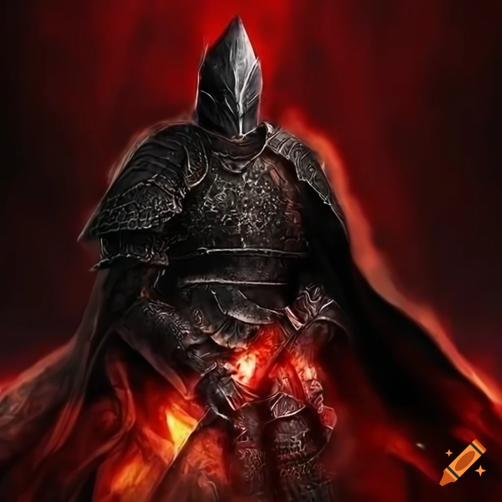 Dark souls knight with a red aura against a black background on Craiyon