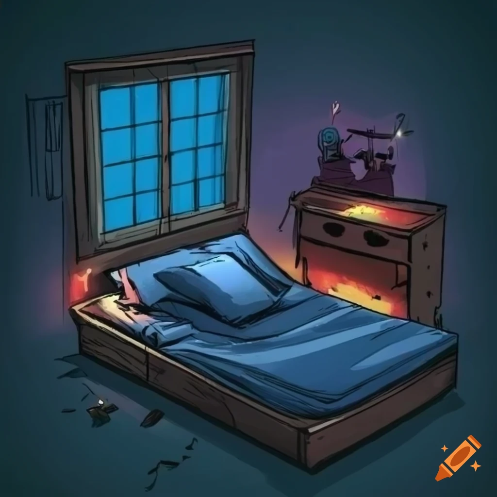 Comic book style spartan bedroom with bed and nightstand on Craiyon