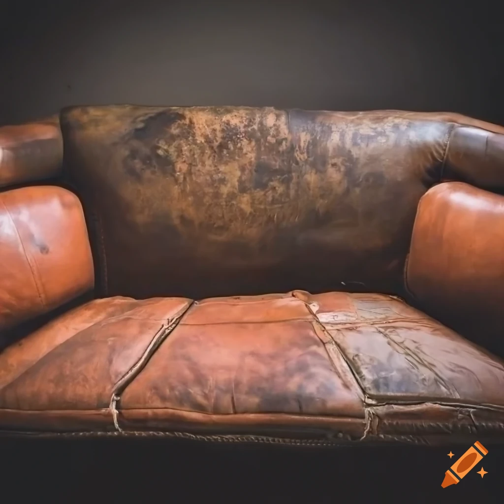 Worn leather couch with peach piping and spilling stuffing under foggy lighting on Craiyon