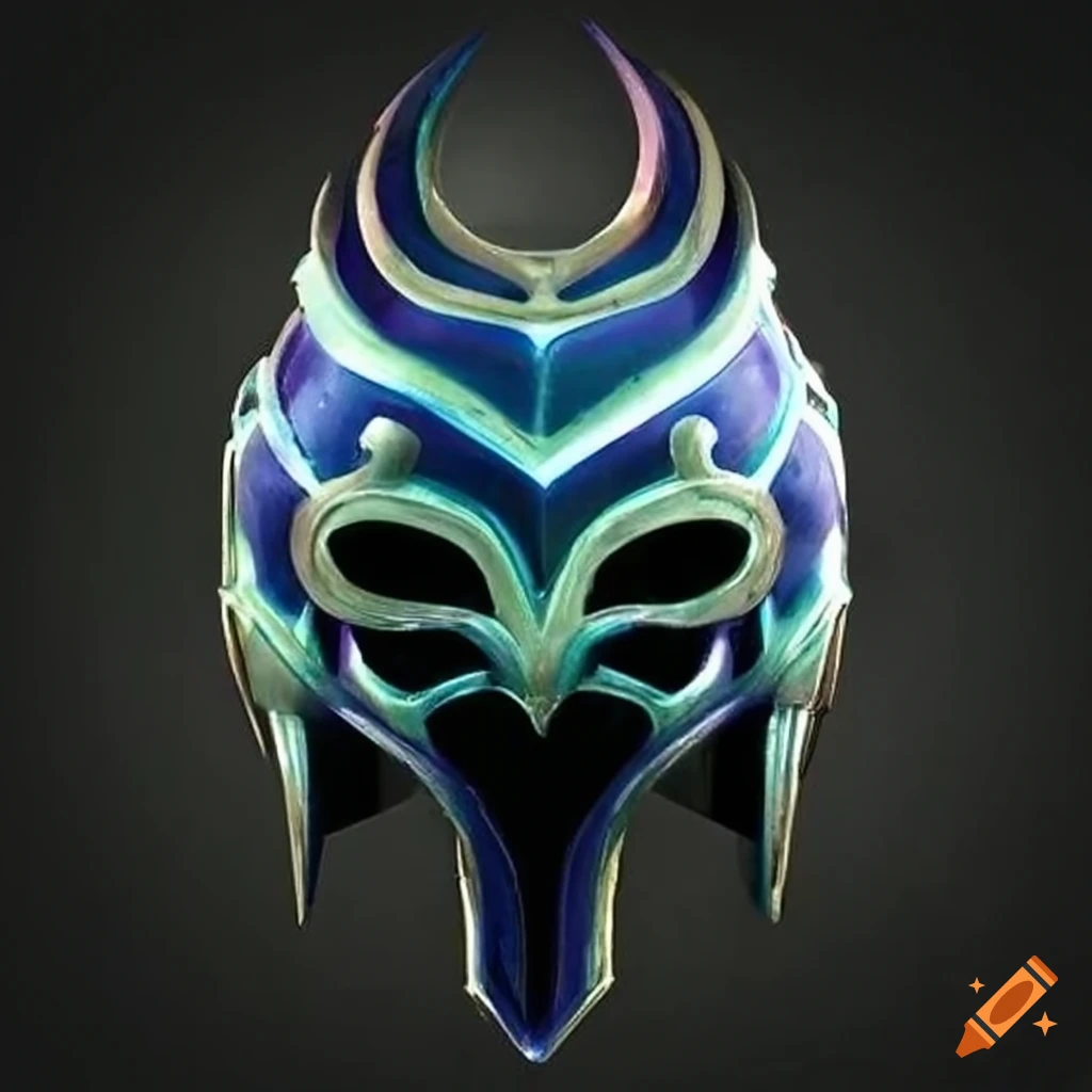 Front view of a heavy magic fantasy helmet on Craiyon